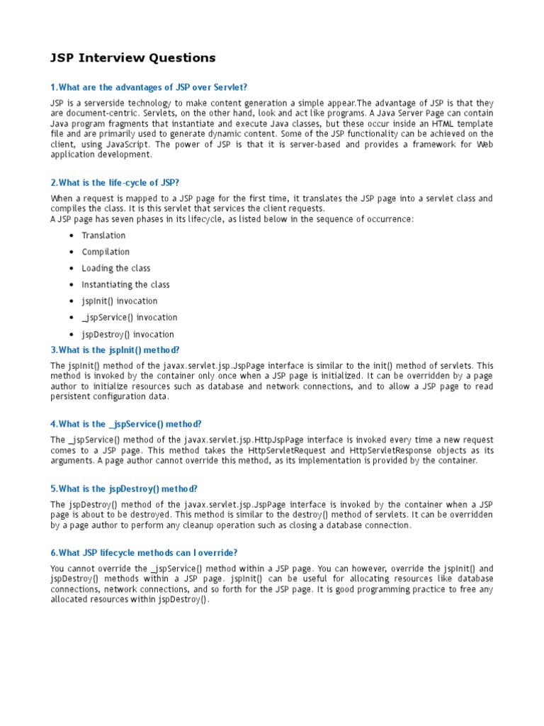Jsp Interview Questions 1what Are The Advantages Of Jsp Over Servlet Pdf Java Server