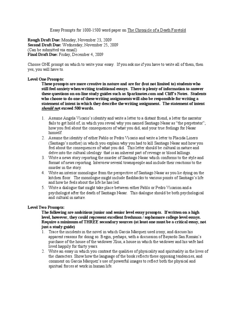 Chronicle of A Death Foretold Essay Assignment | PDF | Psychology