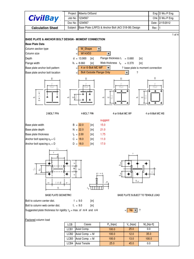 Calculation Sheet: Base Plate & Anchor Bolt Design - Moment Connection ...