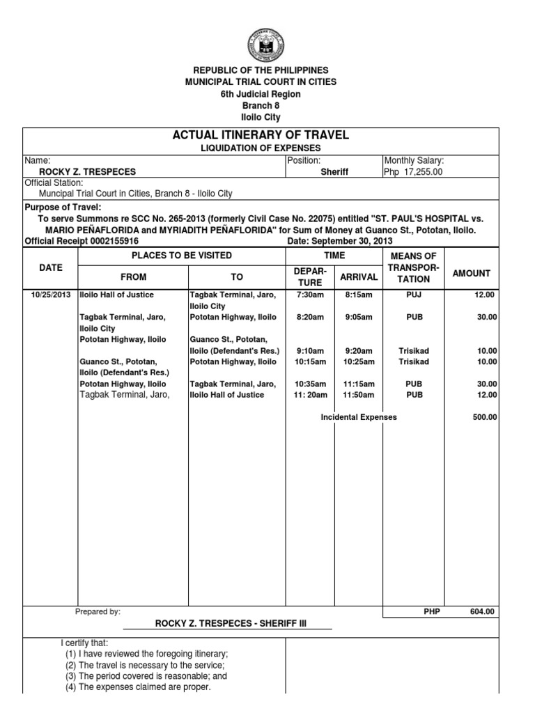 Travel Expense Liquidation Report | PDF | Service Of Process ...