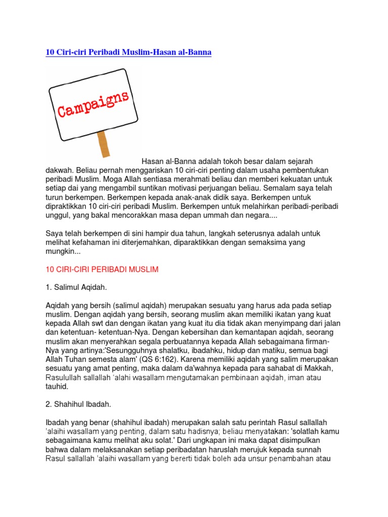 10 Ciri Peribadi Muslim Menurut Al-Banna | PDF | Karier & Perkembangan ...