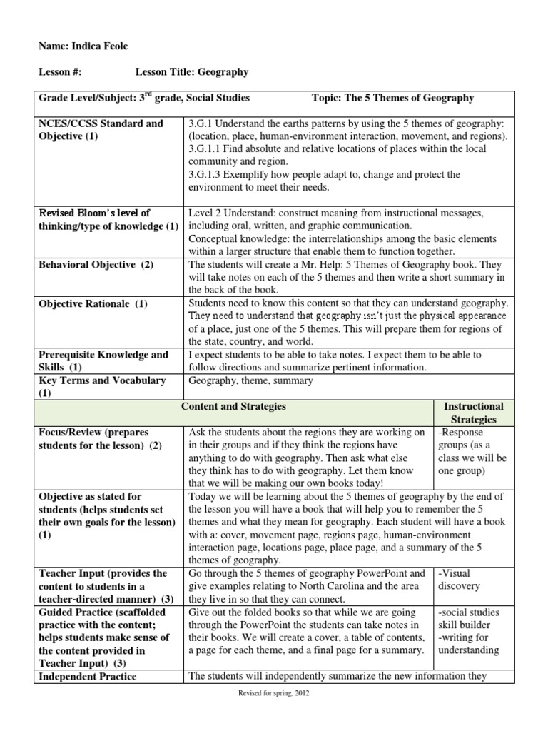 5 Themes of Geography Lesson Plan | PDF | Geography | Educational ...