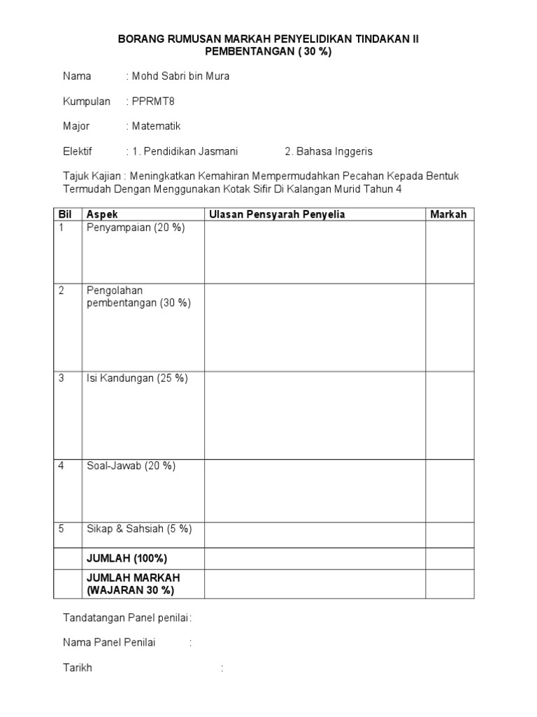 Borang Pemarkahan Penyelidikan Tindakan II Pelaoran Pembentangan | PDF