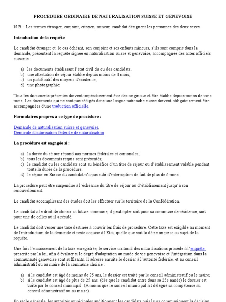 Procedure Ordinaire de Naturalisation SUISSE Et GENEVOISE | PDF ...