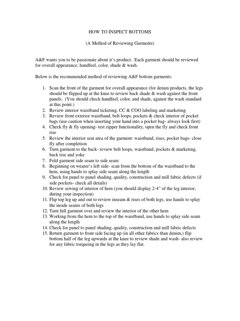 Garment Inspection Guidelines for A&F | PDF | Seam (Sewing) | Sewing
