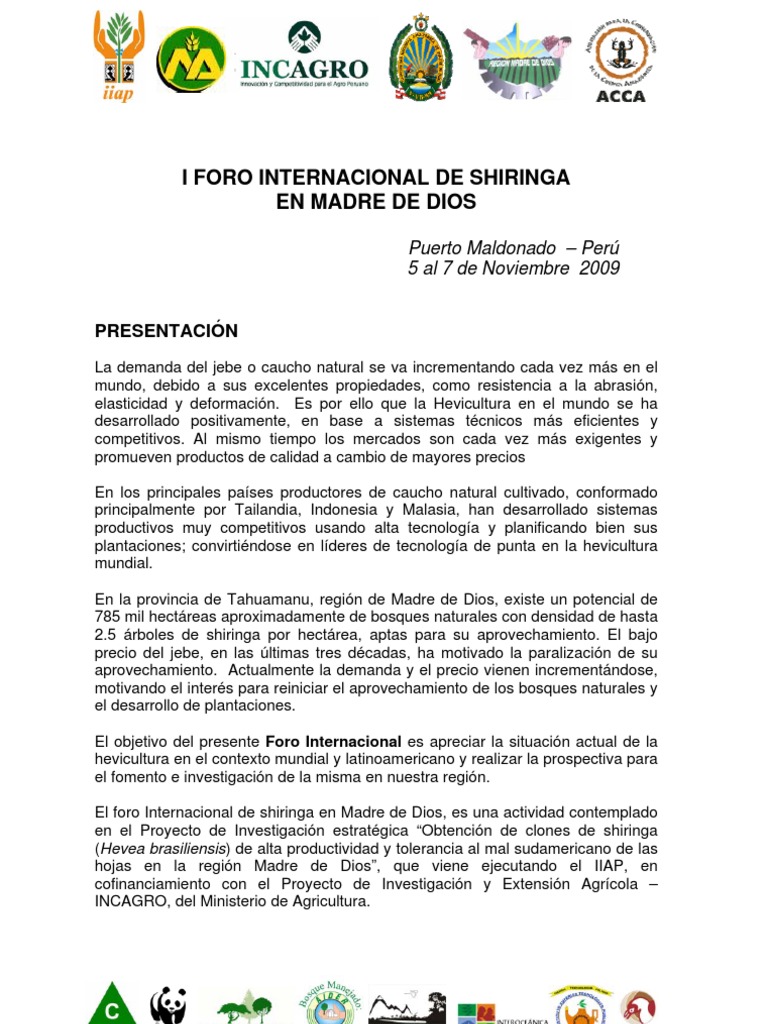 Foro Internacional de Shiringa - Madre de Dios - PERU | PDF | Caucho ...