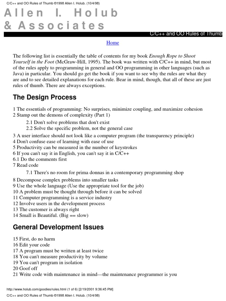 C/C++ and OO Rules of Thumb ©1998 Allen I. Holub. | PDF | Class ...