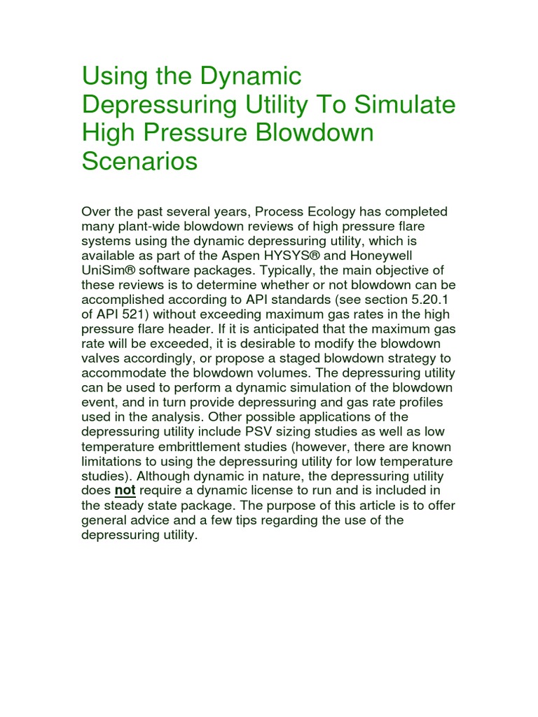 Using The Dynamic Depressuring Utility To Simulate High Pressure ...