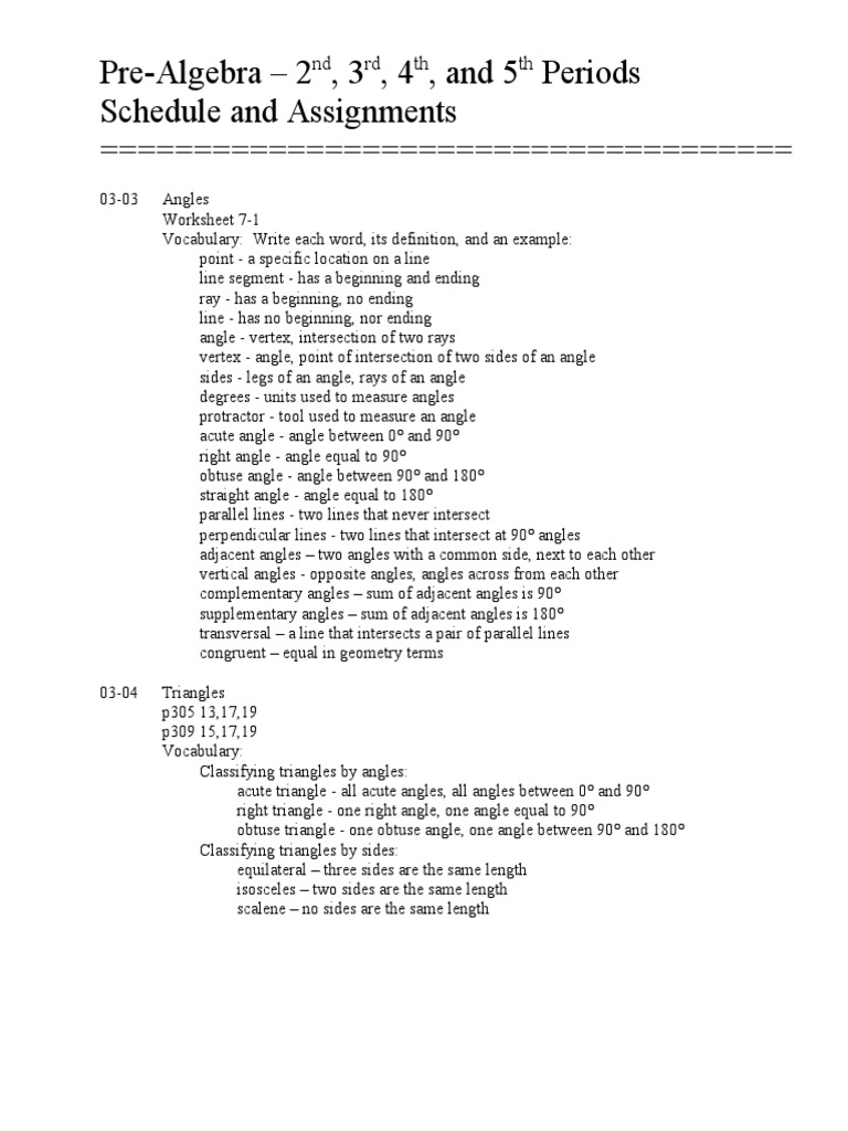 Pre-Algebra - 2, 3, 4, and 5 Periods Schedule and Assignments | PDF ...
