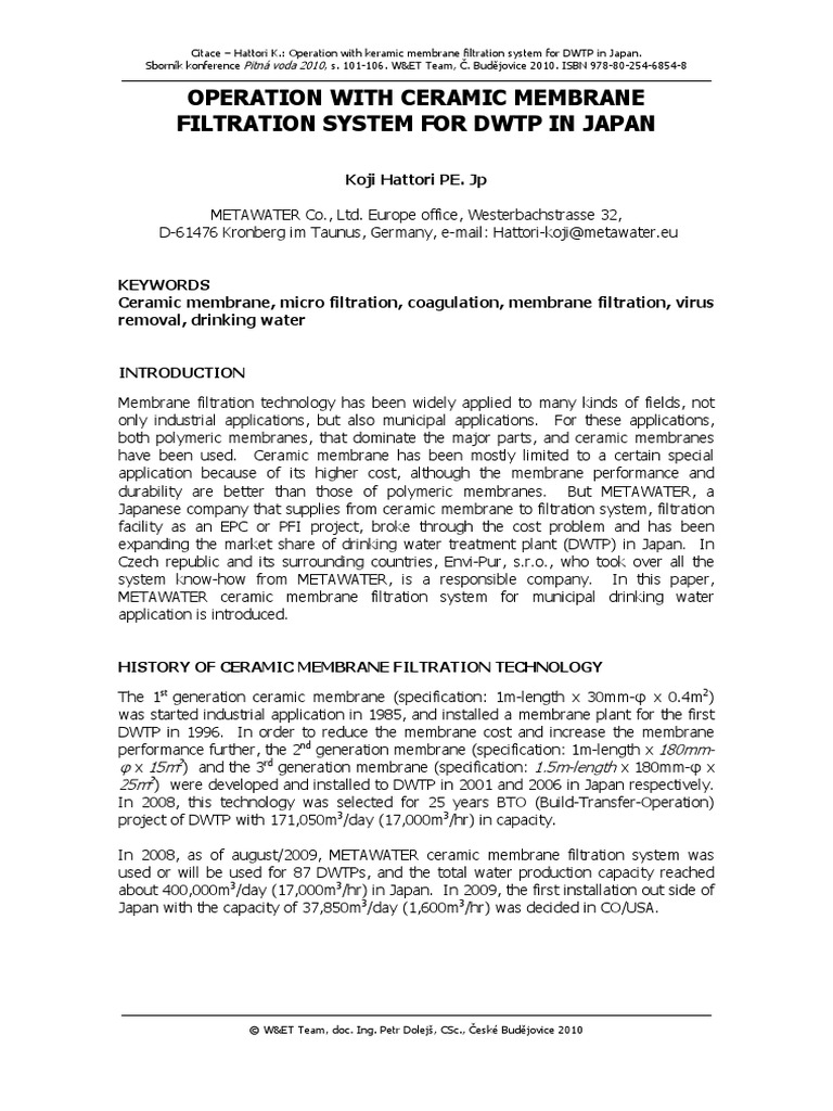 Operation With Ceramic Membrane Filtration System For DWTP in Japan ...