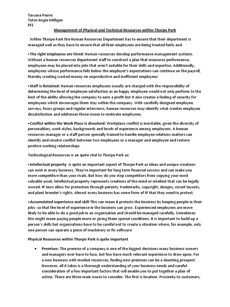 Management of Physical and Technical Resources Within Thorpe Park | PDF ...