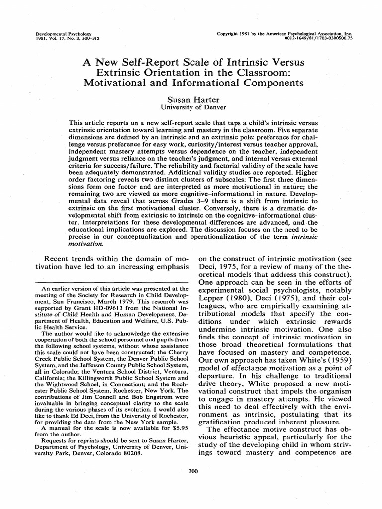 Harter 1981 SElf Report Scale of Intrinsic | PDF | Motivation ...