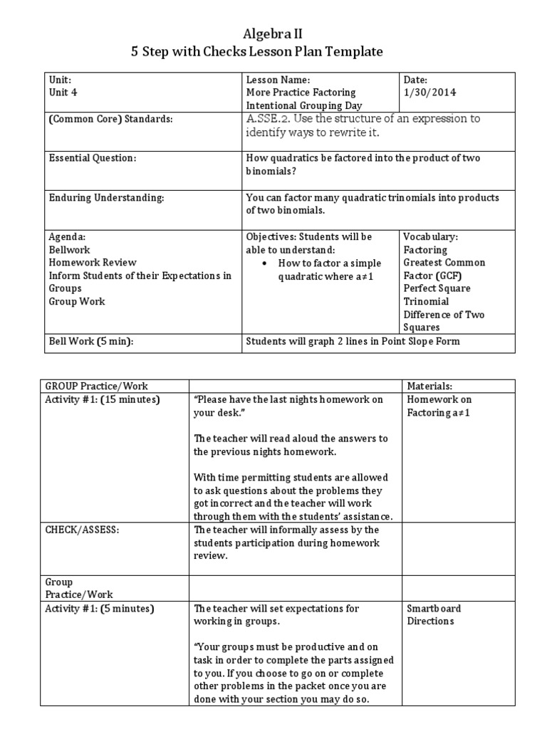 Differentiated Factoring Lesson Plan | PDF | Homework | Factorization