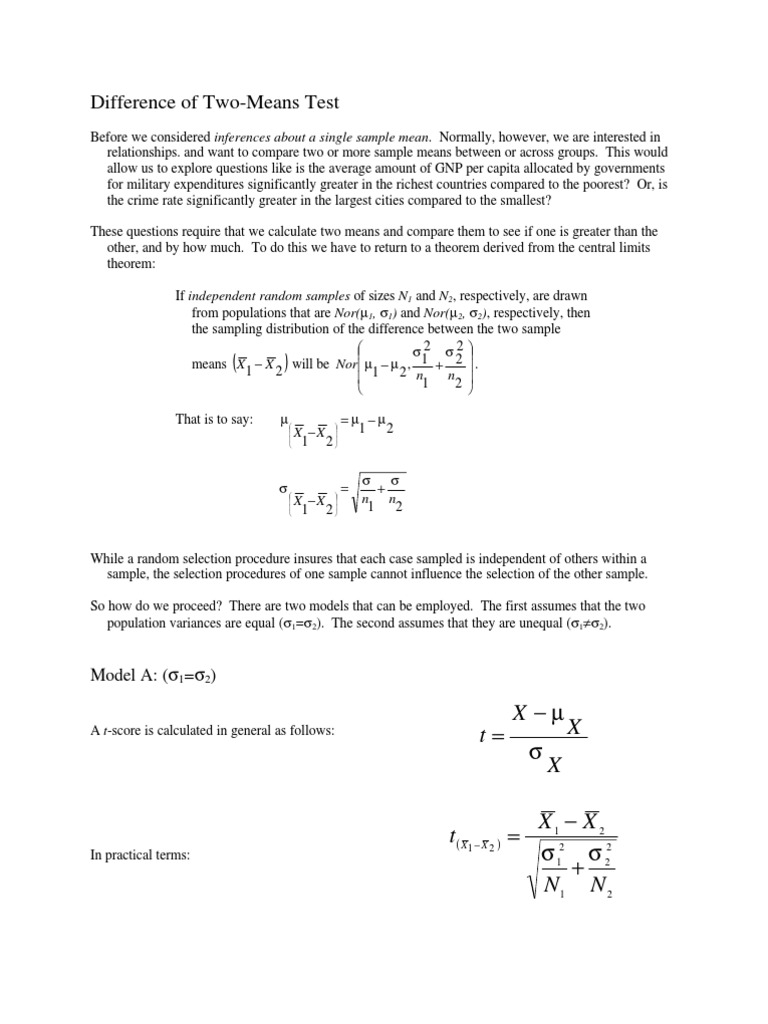 T-Test For Difference of Means | PDF | Variance | Student's T Test