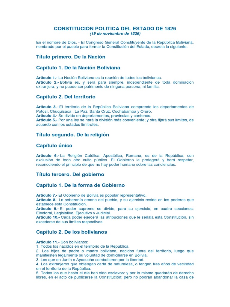 Constitución Politica Del Estado de 1826 | PDF | Bolivia | Gobierno