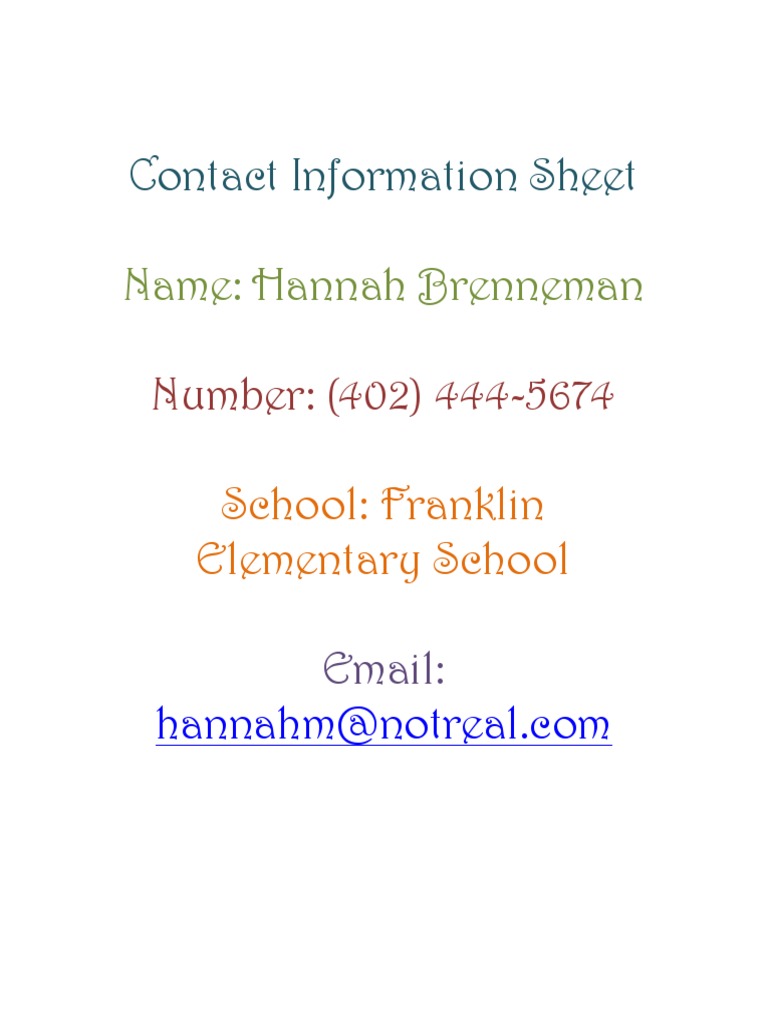 Contact Information Sheet | PDF | Wellness
