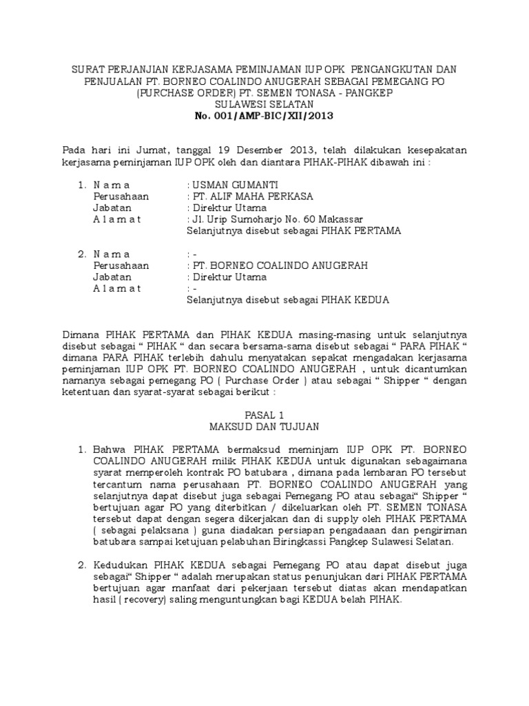 Surat Perjanjian Kerjasama Peminjaman Iup Opk Pengangkutan Dan ...