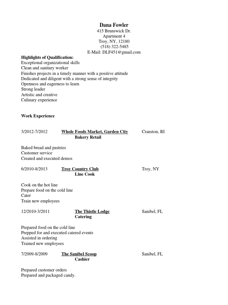Dana Fowler: Culinary Professional Resume | PDF | Cooking, Food & Wine