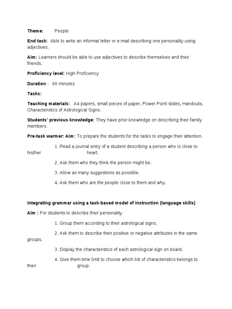 Task-based Grammar Lesson Plan | Lesson Plan | Neuropsychological ...