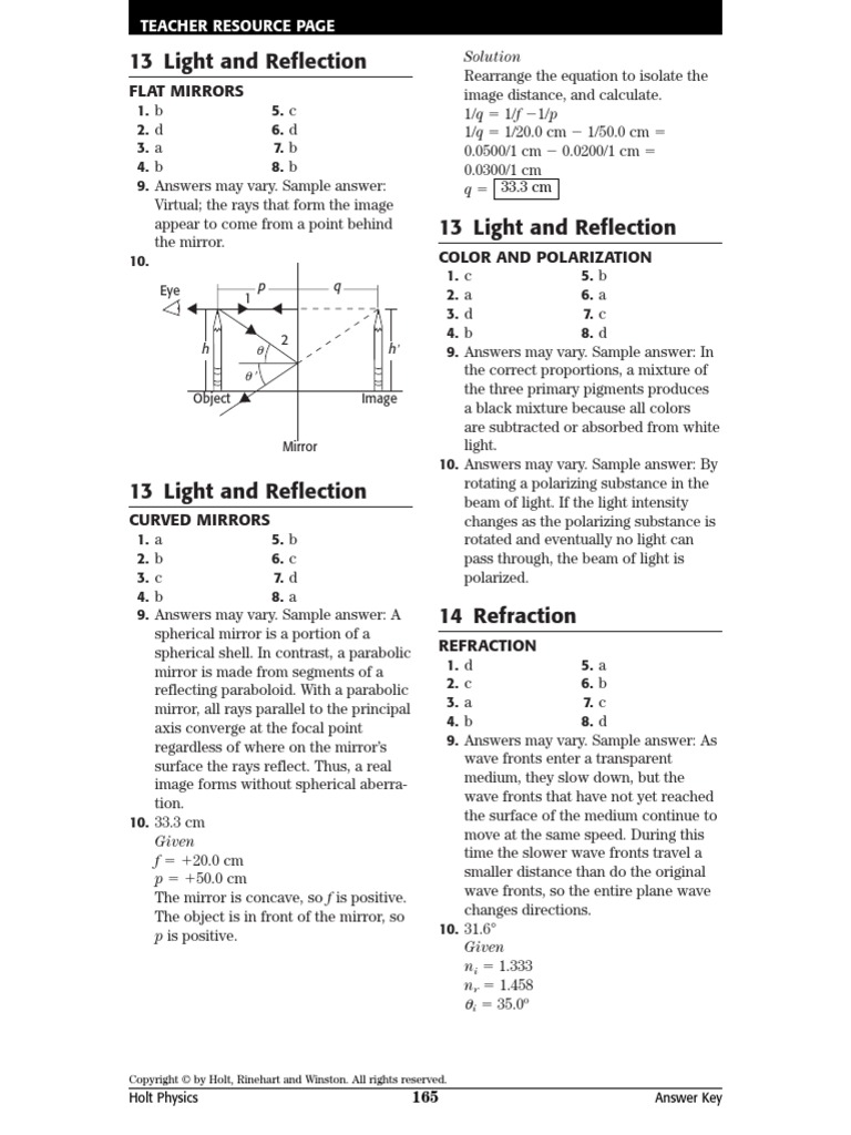 Light and Refraction Study Guide Answer Keys | PDF | Reflection ...