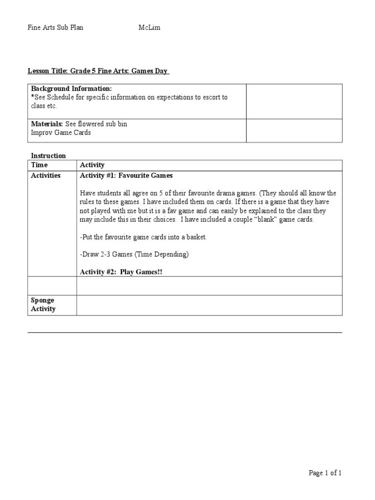 Grade 5 Fine Arts Games Day Plan | PDF
