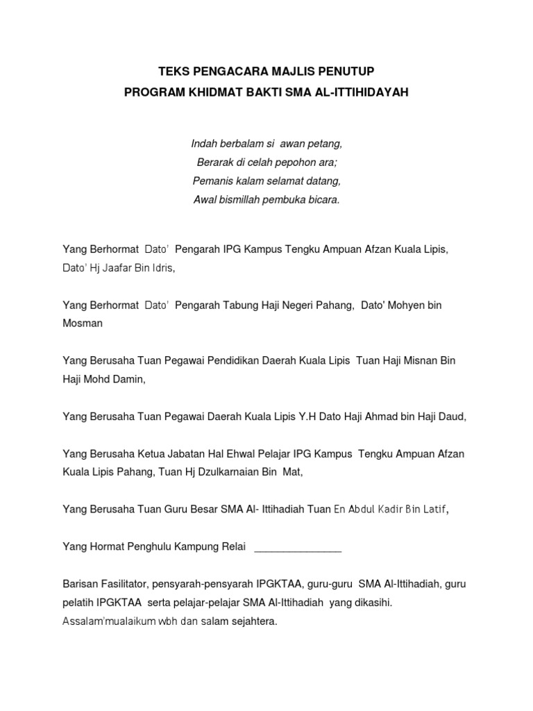 Teks Pengacara Majlis Penutup Kursus Kepimpinan Asrama | PDF