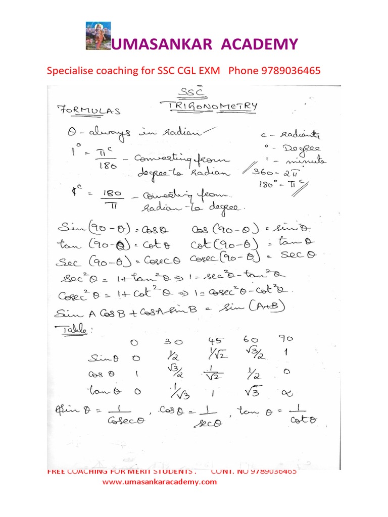 SSC CGL Study Material Trignomentry 1 | PDF