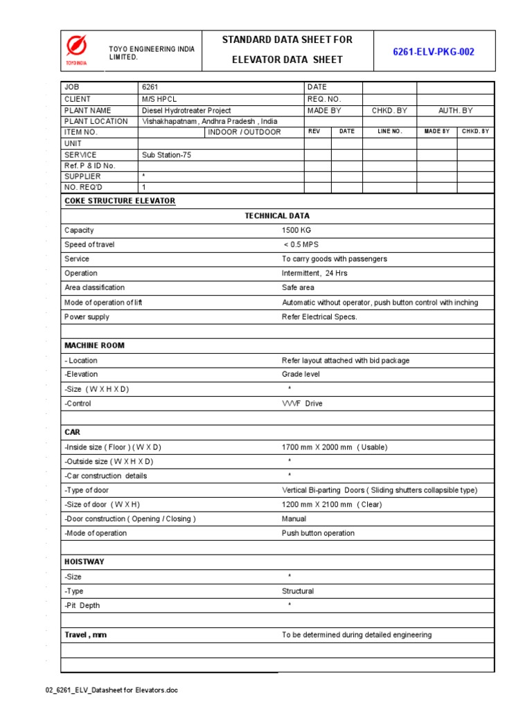 02 6261 ELV Datasheet For Elevators | PDF | Elevator | Transport