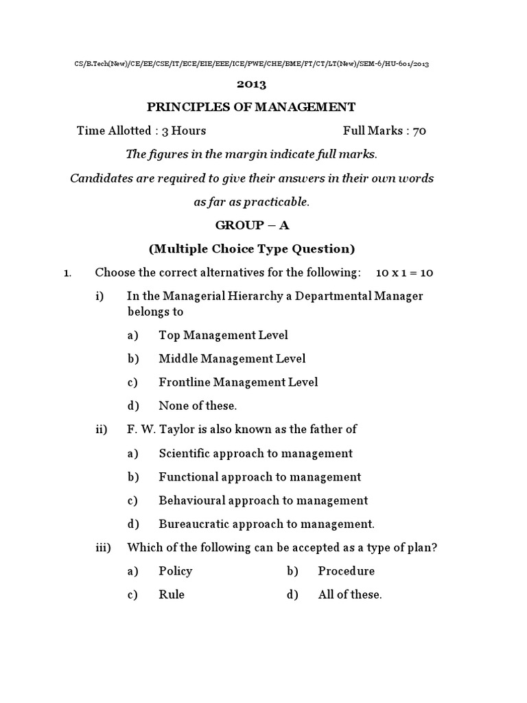 WBUT 2013 Principles of Management Question Paper | PDF | Inventory ...