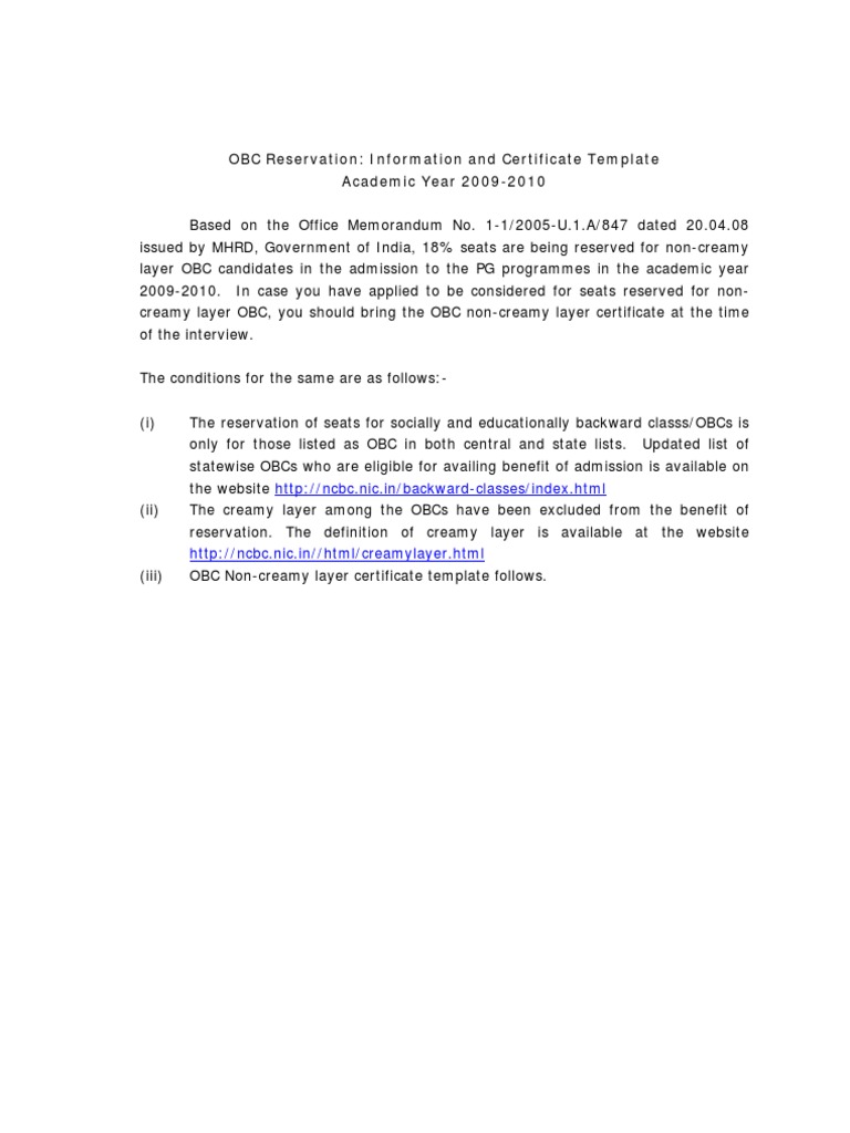 OBC Reservation: Information and Certificate Template Academic Year ...