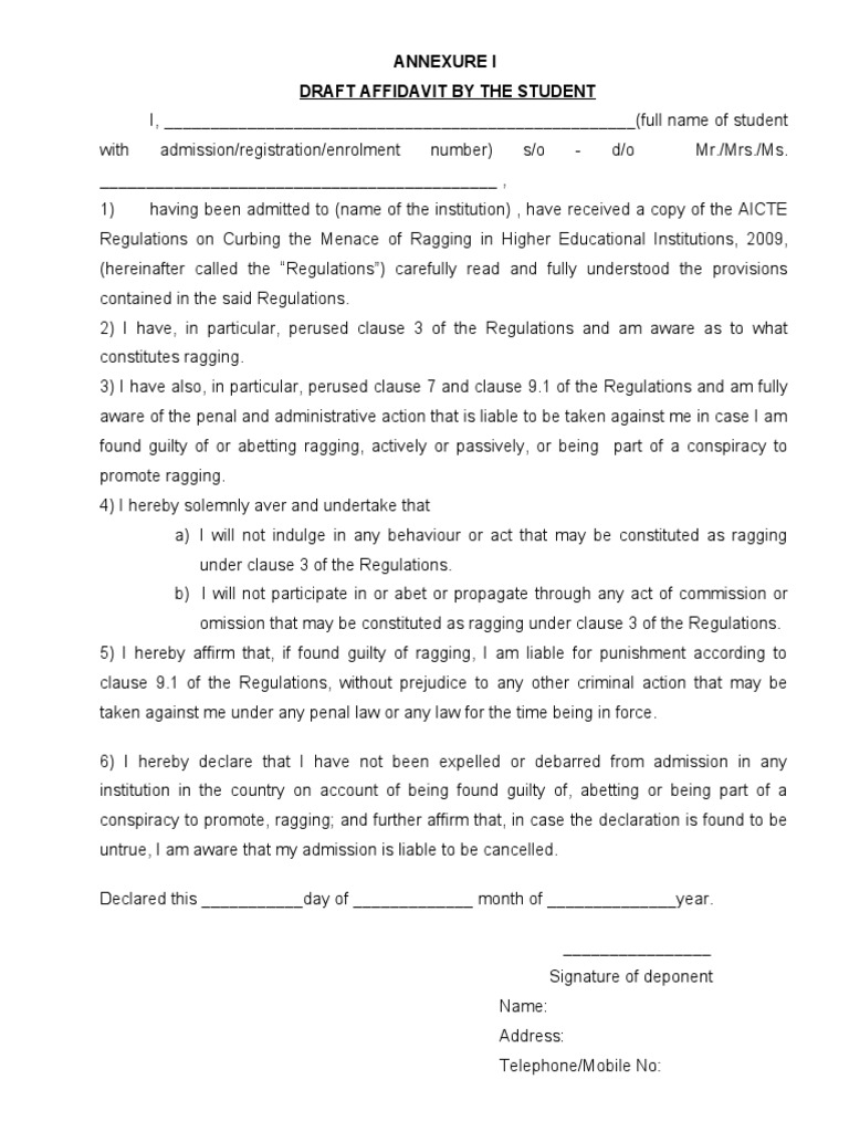 Anti-Ragging-Affidavity | Affidavit | Comparative Law