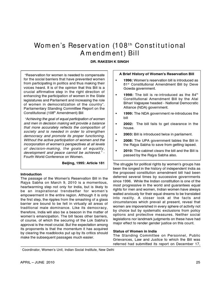 Women's Reservation Bill Overview | PDF | Electoral District | Member ...