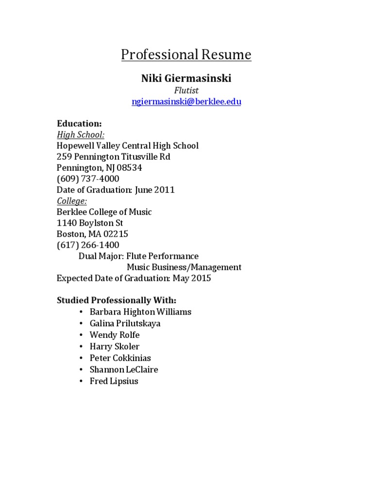 Niki Giermasinski-Professional Resume | PDF | Music Production ...