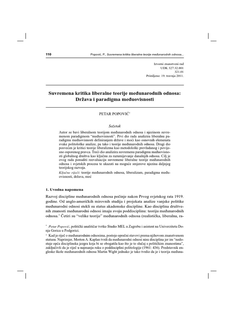 Suvremena Kritika Liberalne Teorije Međunarodnih Odnosa | PDF