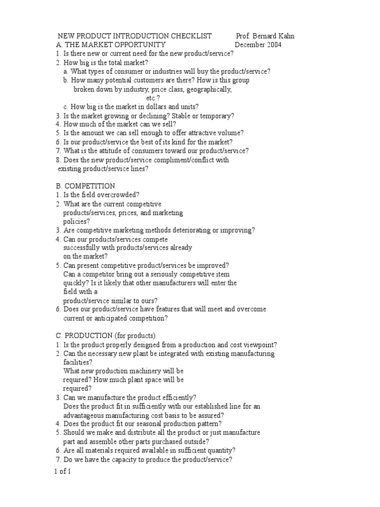 New Product Introduction Checklist | Competition | Prices