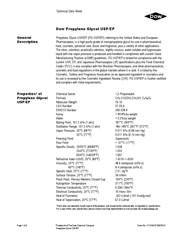 Dow Propylene Glycol USP/EP Overview | PDF | Chemistry | Chemicals