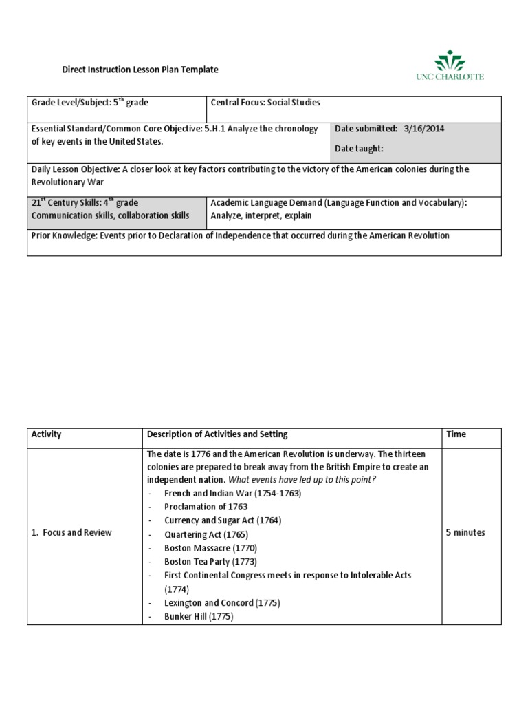 5th Grade Revolutionary War Lesson Plan | PDF | American Revolutionary ...