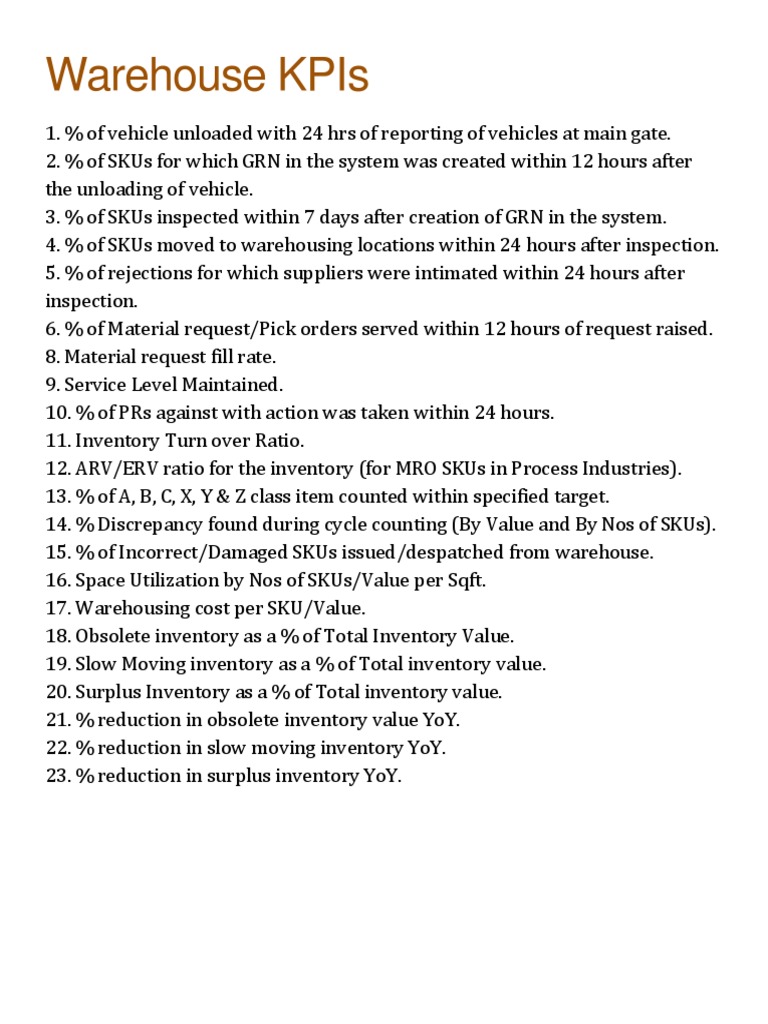 Warehouse KPIs | PDF | Technology & Engineering