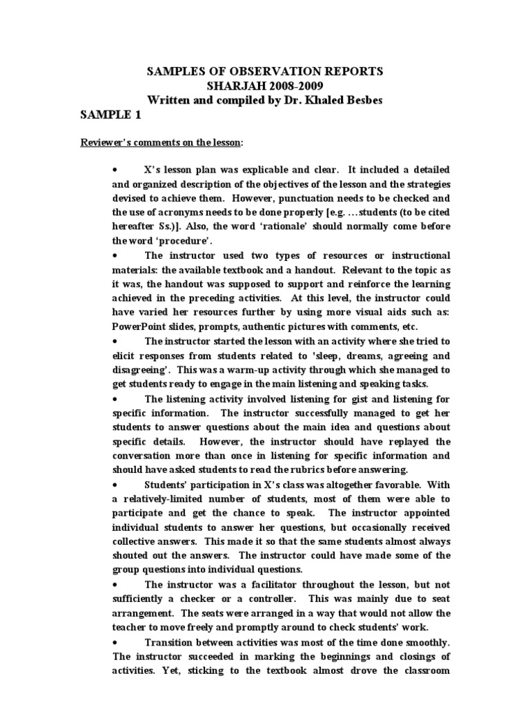 Samples of Observation Reports Sharjah08-09 | PDF | Lesson Plan ...