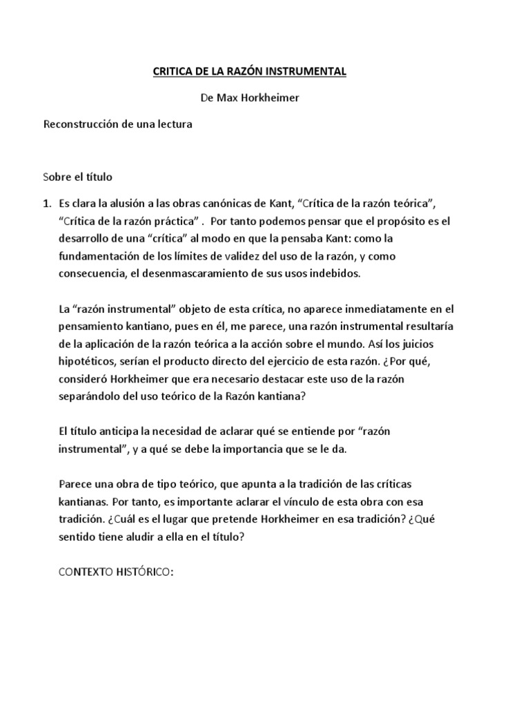 Blog CRITICA DE LA RAZÓN INSTRUMENTAL | PDF | Razón | Immanuel Kant