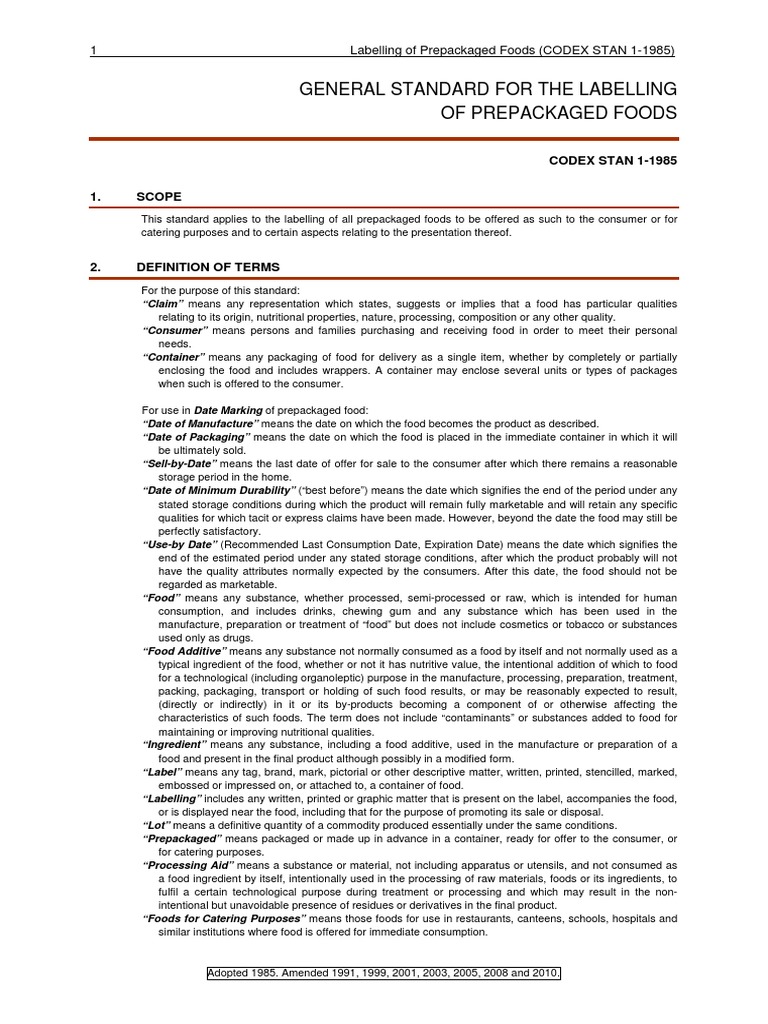 Codex Stan 1-1985 Labelling of Prepackaged Goods | PDF | Packaging And ...