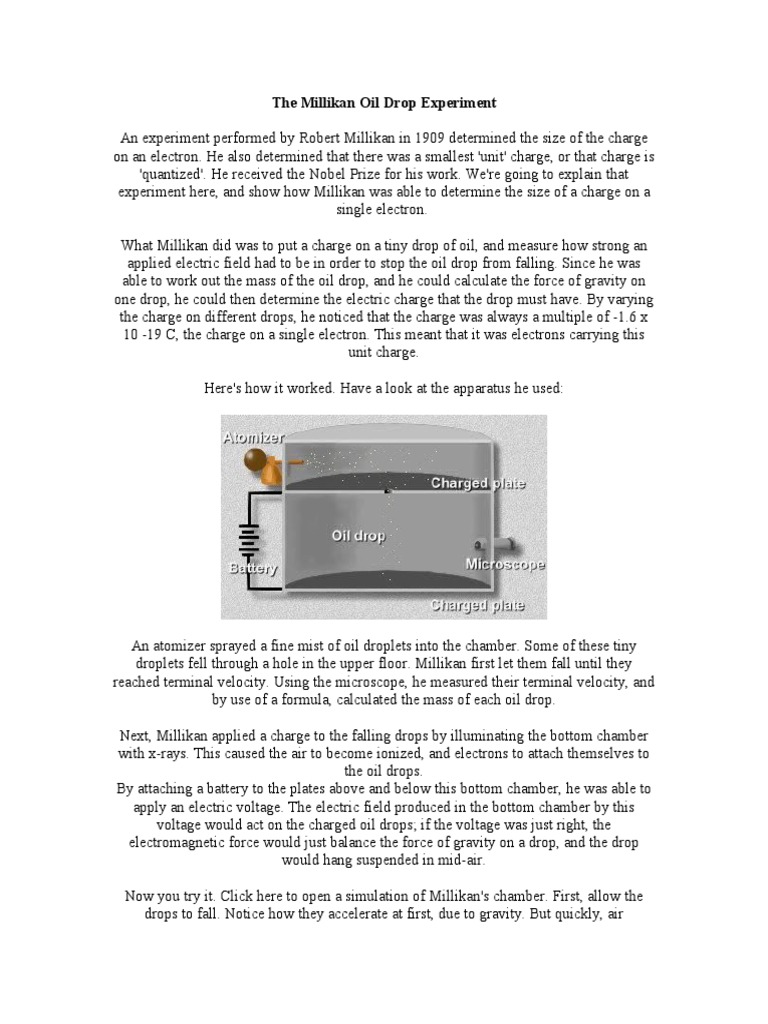 Millikan's Oil Drop Experiment Explained | PDF | Electron | Ion