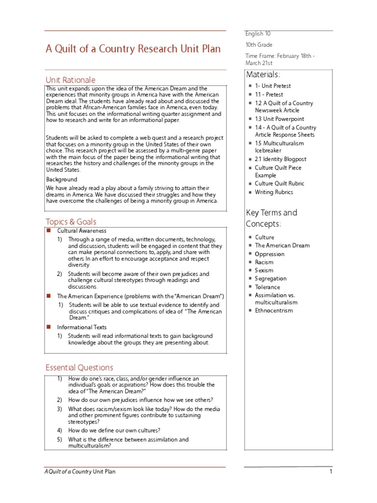 A Quilt of A Country Unit Plan | Download Free PDF | Vocabulary ...