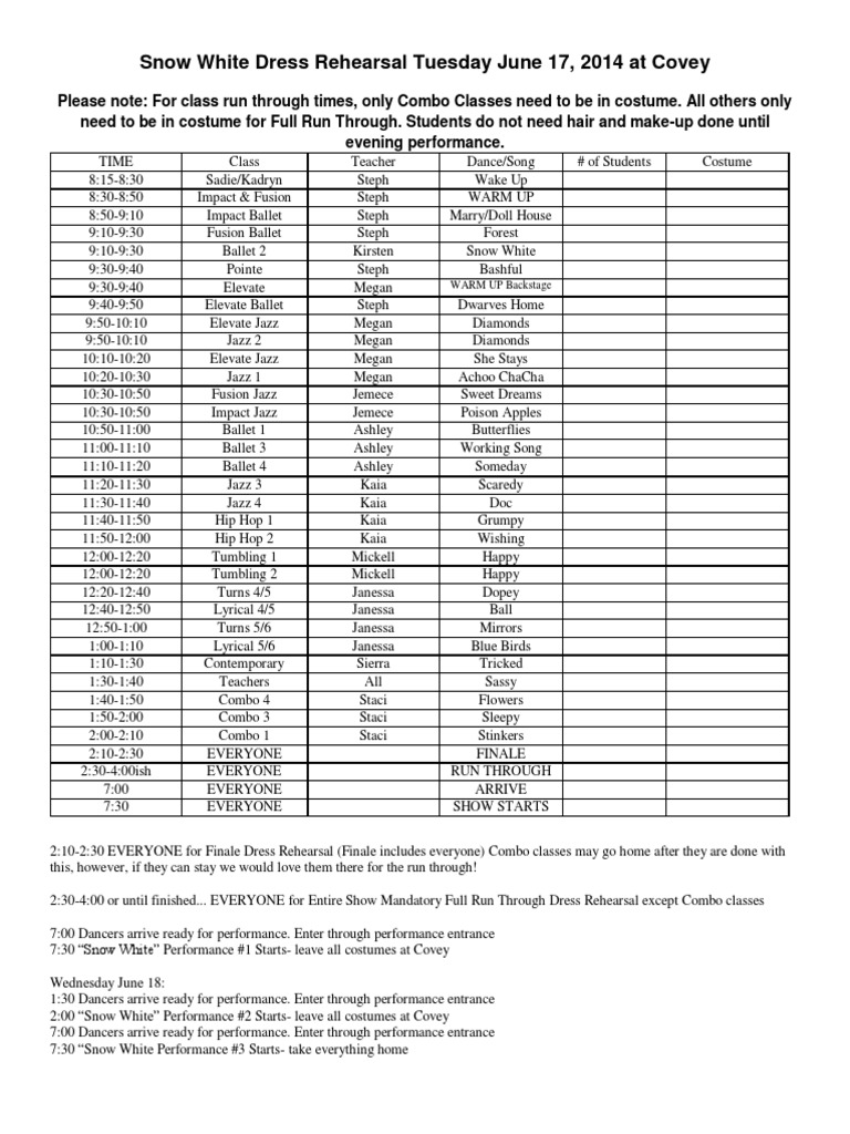 Dress Rehearsal Schedule | PDF