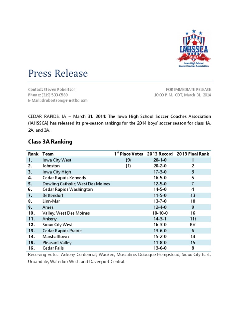 Press Release: Class 3A Ranking | PDF