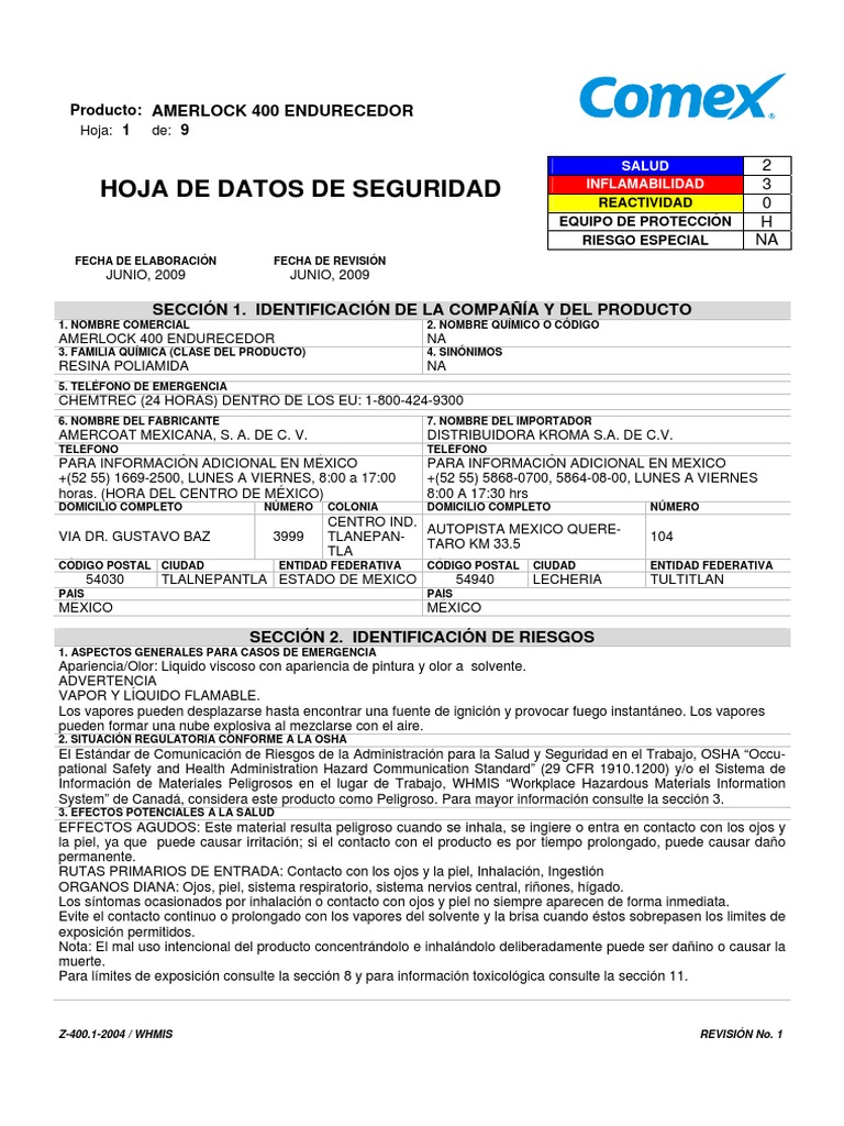 COMEX Amerlock 400 Endurecedor | PDF | Administración de Seguridad y Salud Ocupacional | Agua