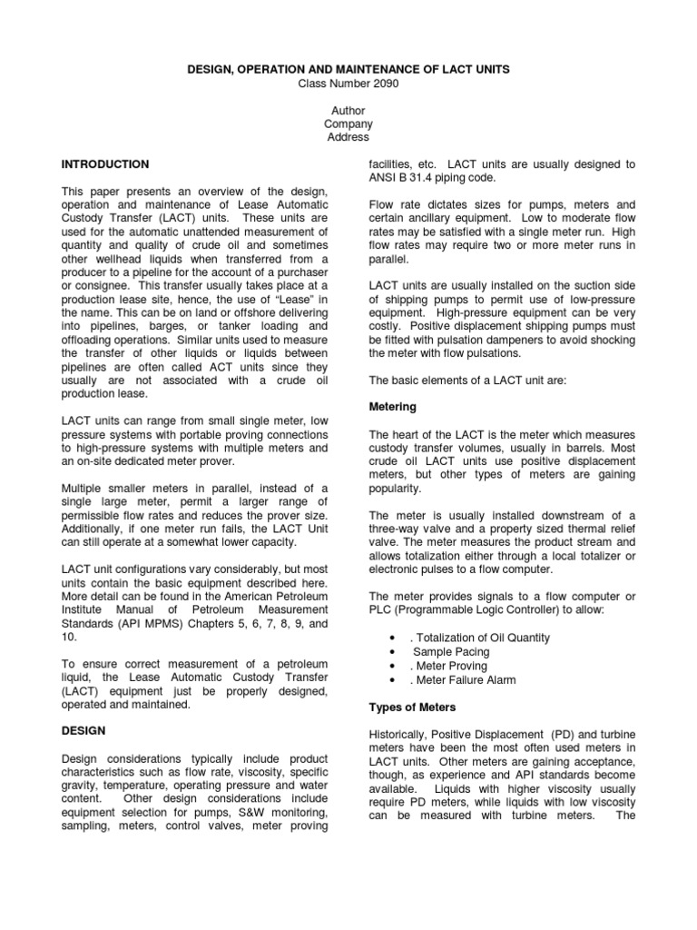 Design Operation and Maintenance of Lact Units | PDF | Valve | Pump