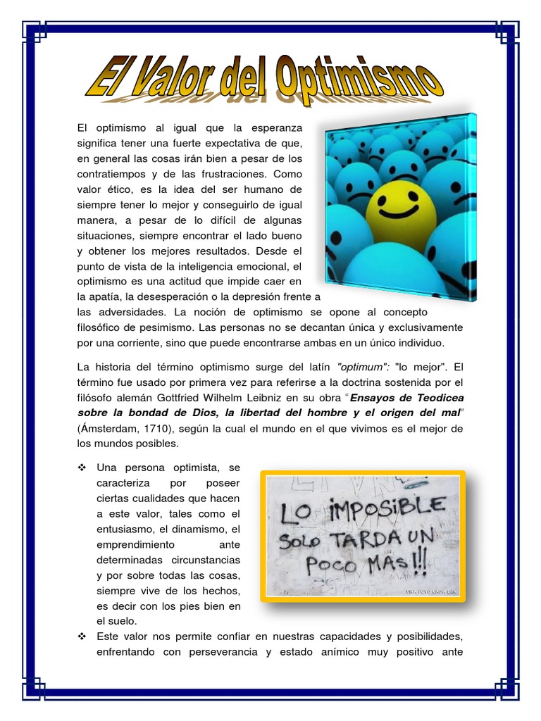 El Valor Del Optimismo | PDF | Optimismo | Conceptos psicologicos
