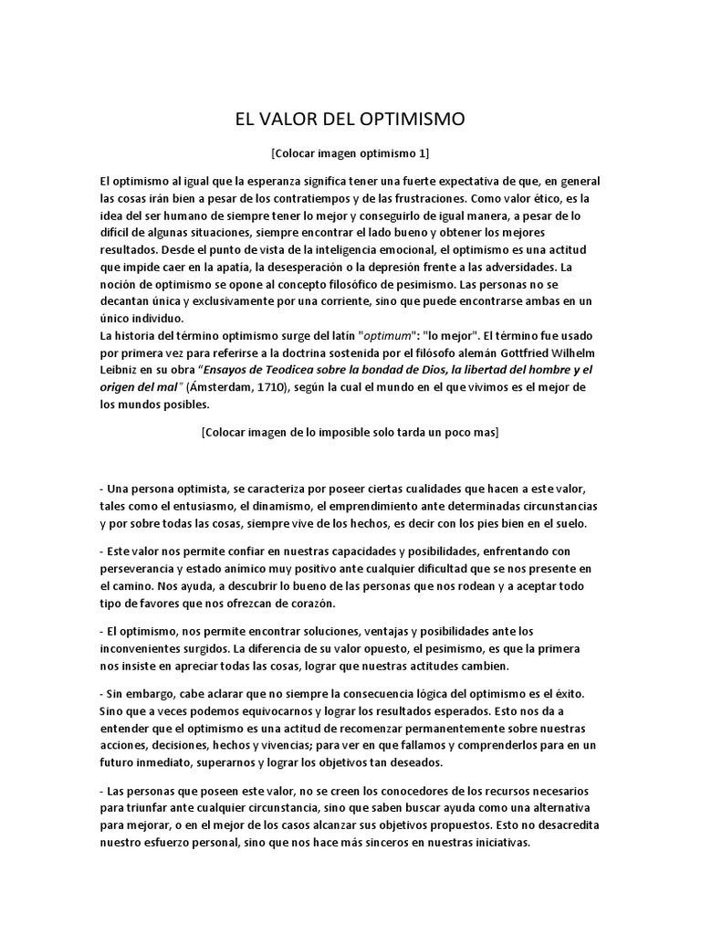 El Valor Del Optimismo | PDF | Optimismo | Conceptos psicologicos