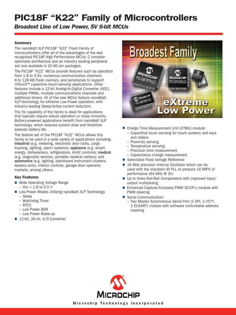 Pic18F "K22" Family of Microcontrollers: Broadest Line of Low Power, 5V 8-Bit Mcus | PDF | Pic ...